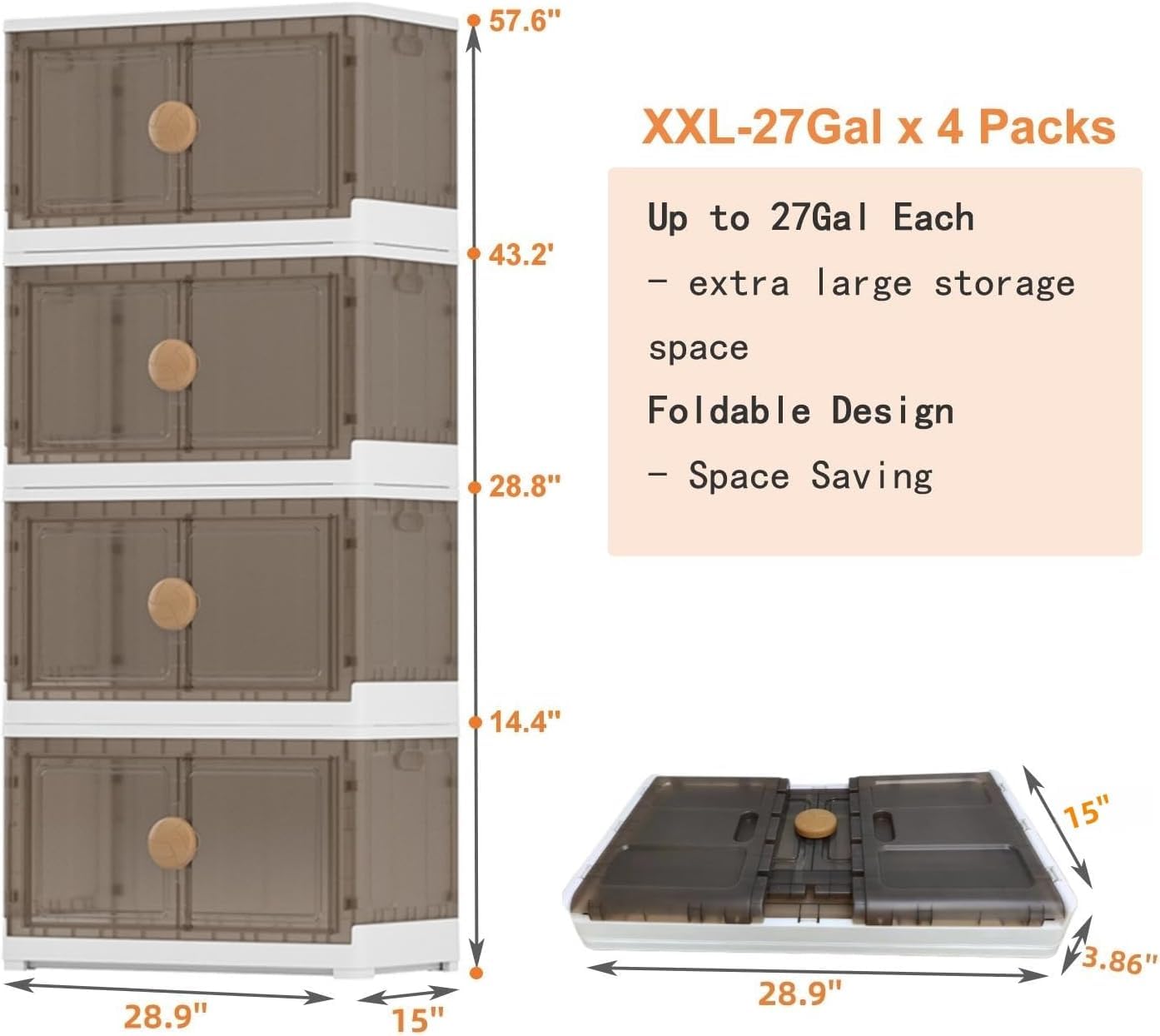 wookon Closet Organizers and Storage,108QT/27Gal Stackable Storage Bins Open Front,4 Packs Extra Large Collapsible Storage Bins with Lids,Plastic Clothes Organizer,Folding Storage Box