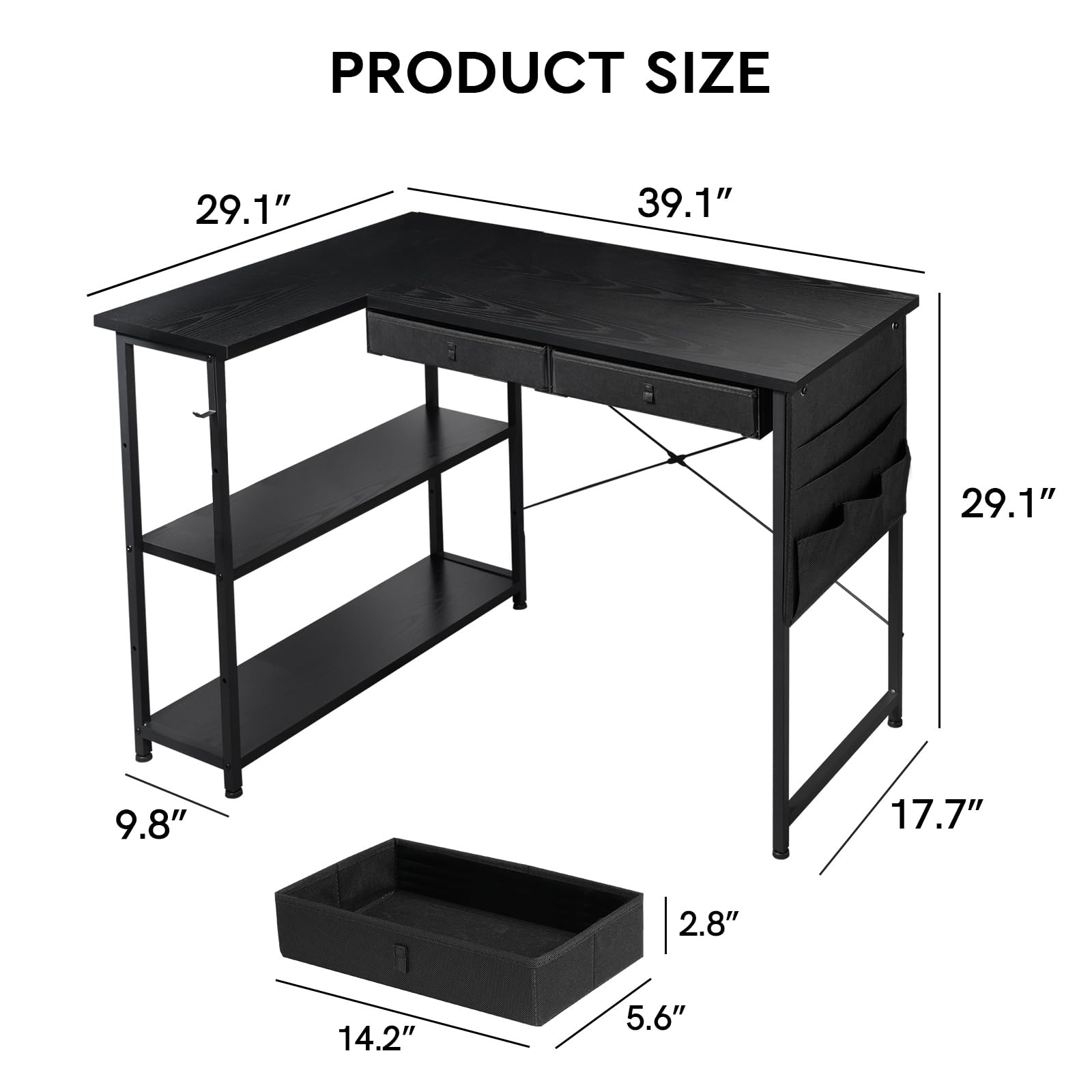 Ｍａｉｈａｉｌ Maihail Home Office Desk with Drawers Shelves, 39 inch Computer Corner Desk for Small Space, Small L Shaped Desk with Side Storage for Bedroom, Black