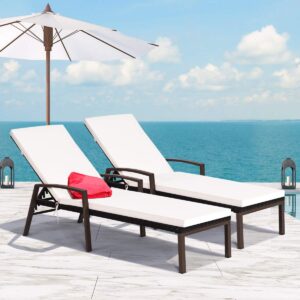 COSTWAY 2PCS Rattan Lounge Chair Outdoor, Patio Wicker Chaise Lounge with 5-Position Adjustable Backrest, Soft Cushion & Arm Rest, Pool Recliner Set of 2 for Poolside, Deck, Backyard (White)