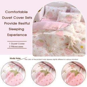 SOULZZZ White Pink Duvet Covers Queen Size - Pink Strawberry Bedding Queen Comforter Sets 3 PCS with Zipper Closure Duvet Cover & 2 Pillow Shams (No Comforter)