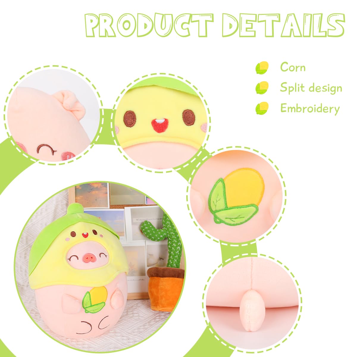 AIXINI Cute Corn Pig Plush Pillow 10" Piggy Stuffed Animal, Soft Kawaii Pig Plushie with Food Outfit Costume, Hugging Plush Squishy Pillow Toy for Kids