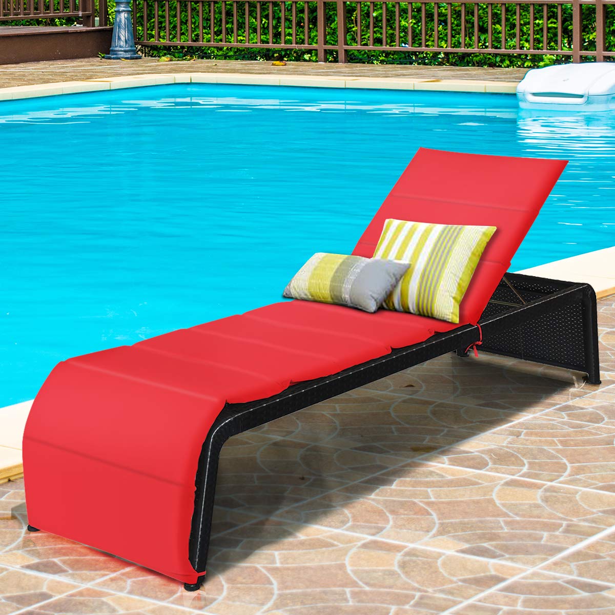 COSTWAY Patio Rattan Lounge Chair Chaise Recliner Back Adjustable Cushioned Garden Red