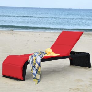 COSTWAY Patio Rattan Lounge Chair Chaise Recliner Back Adjustable Cushioned Garden Red