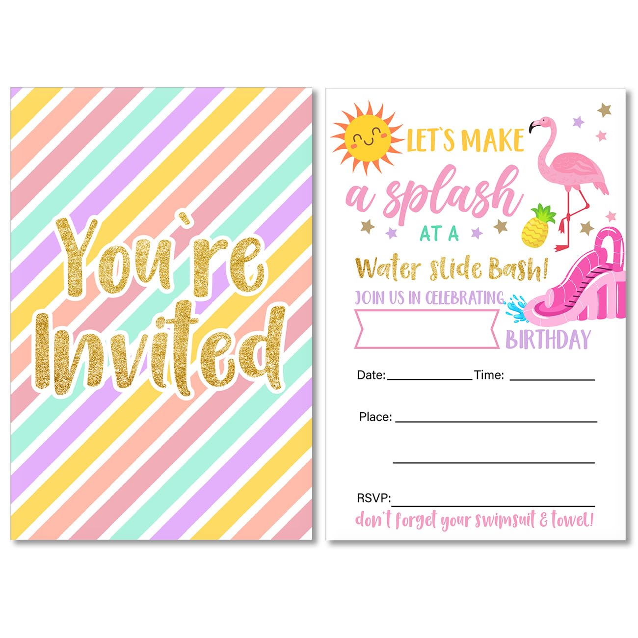 Water Slide Birthday Party Invitations with Envelopes Set of 20 Pink Flamingo Water Splash Bash Pool Birthday Party Invites Fill in Blank