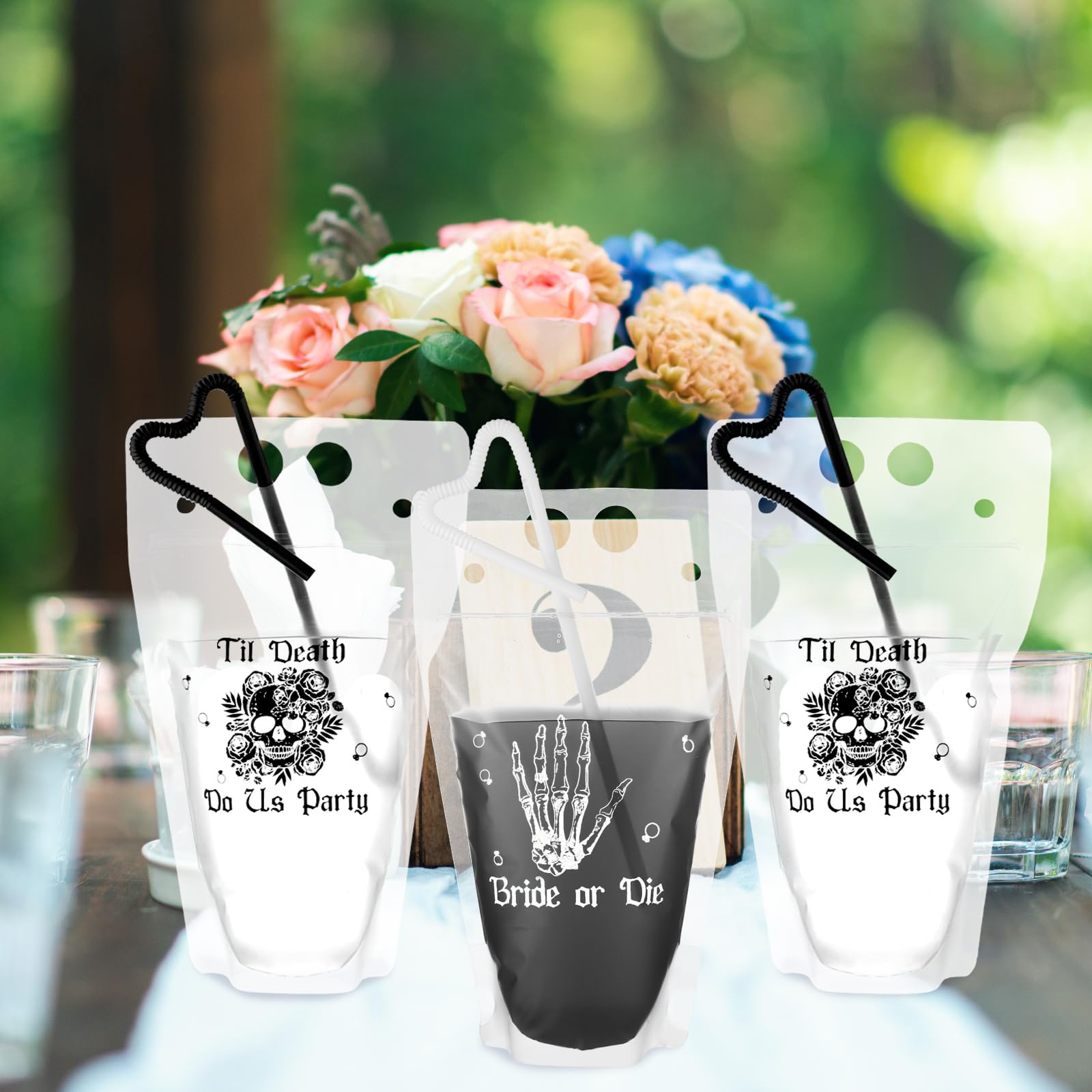 Mumufy 12 Pcs Bachelorette Drink Pouches 15 oz Bachelorette Cups Bride or Die Reusable Clear Drink Bags with Straw Till Death Do Us for Bachelorette Adult Bride Bridesmaid Party Favors