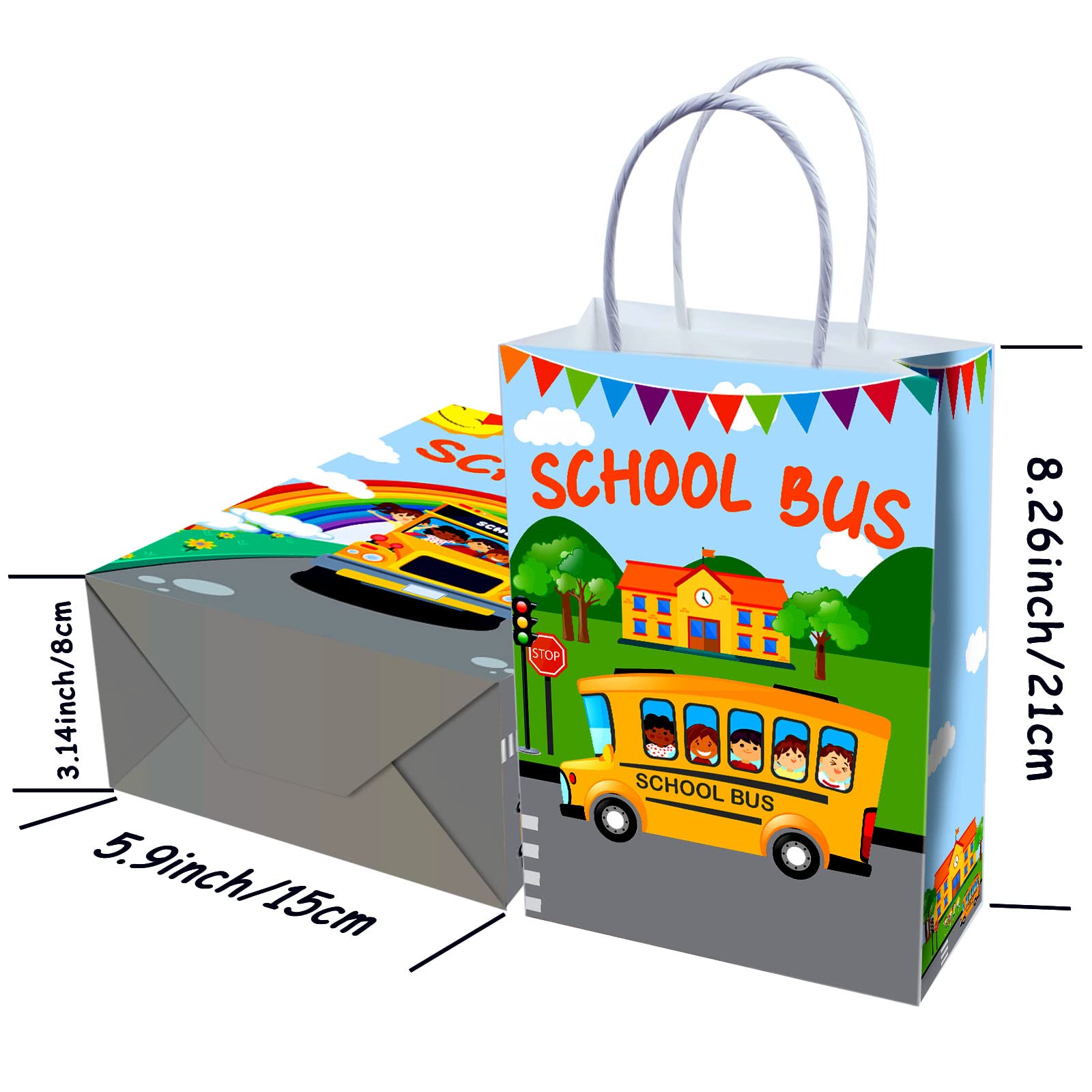 16 Pieces School Bus Goodie Bags for School Bus Birthday Party Supplies,School Bus Gift Snacks Treat Candy Party Favors Bags with Handles for Kids kindergarten School Bus Theme Party Decorations