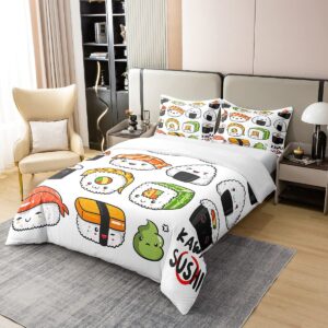 100% Natural Cotton Sushi Pattern Bedding Set Twin, Japanese Style Duvet Cover, Food Theme Comforter Cover Set For Kids Boys Girls Teens, Cute Cartoon Japanese Sushi Bedding Room Decorative