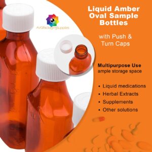 AVG Packaging Supplies Liquid Amber Oval Sample Bottles with Push & Turn Caps – Child Resistant Pharmacy Prescription Medicine Containers, 8oz Vials (50ct)