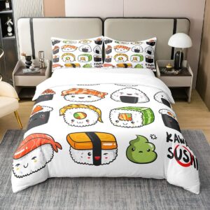 100% Natural Cotton Sushi Pattern Bedding Set Twin, Japanese Style Duvet Cover, Food Theme Comforter Cover Set For Kids Boys Girls Teens, Cute Cartoon Japanese Sushi Bedding Room Decorative