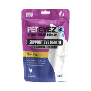 peteyez vitamin treats for cats - tear stain remover - eye health support - reduces itching & allergies - chicken flavor - 1oz