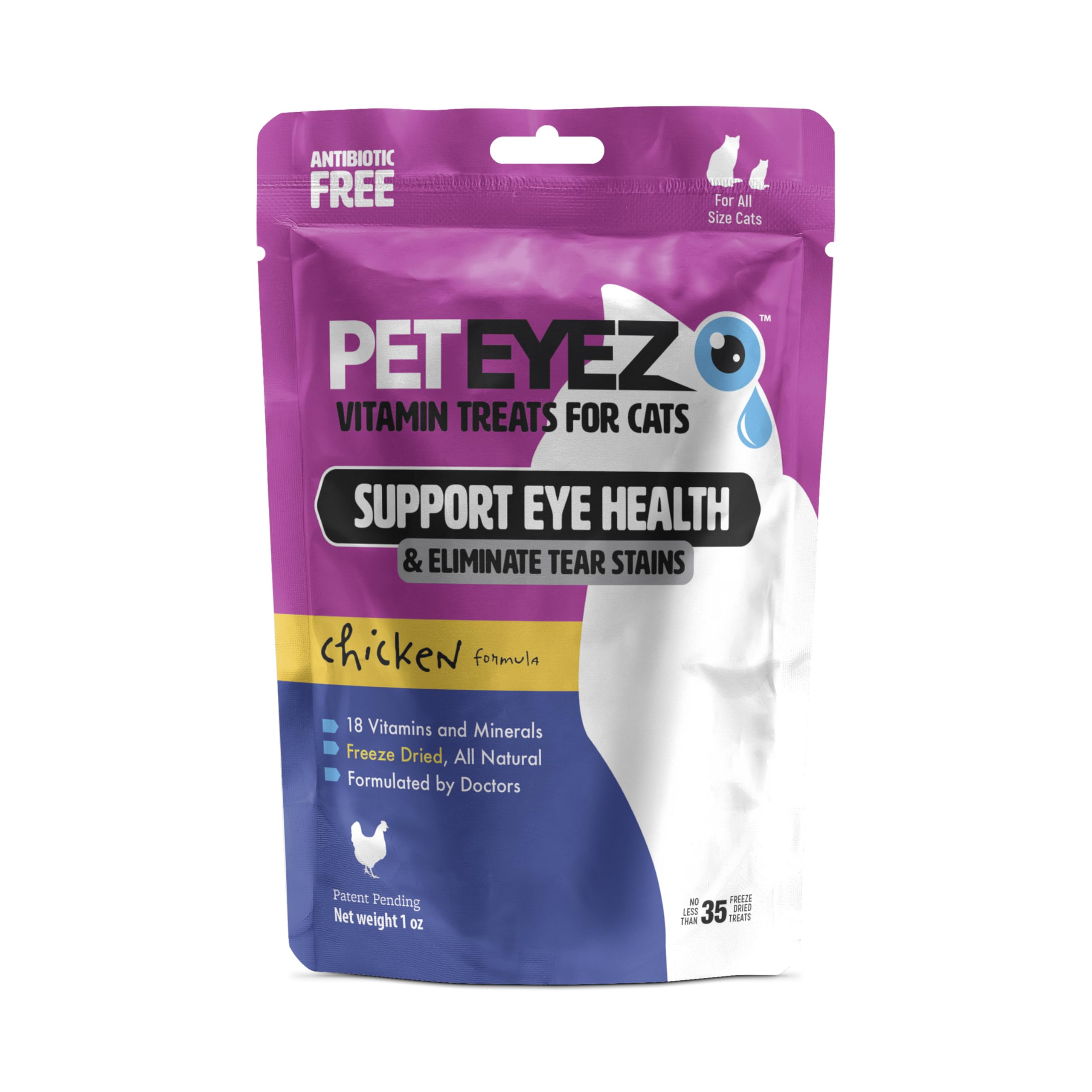 PetEyez Vitamin Treats for Cats - Tear Stain Remover - Eye Health Support - Reduces Itching & Allergies - Chicken Flavor - 1oz