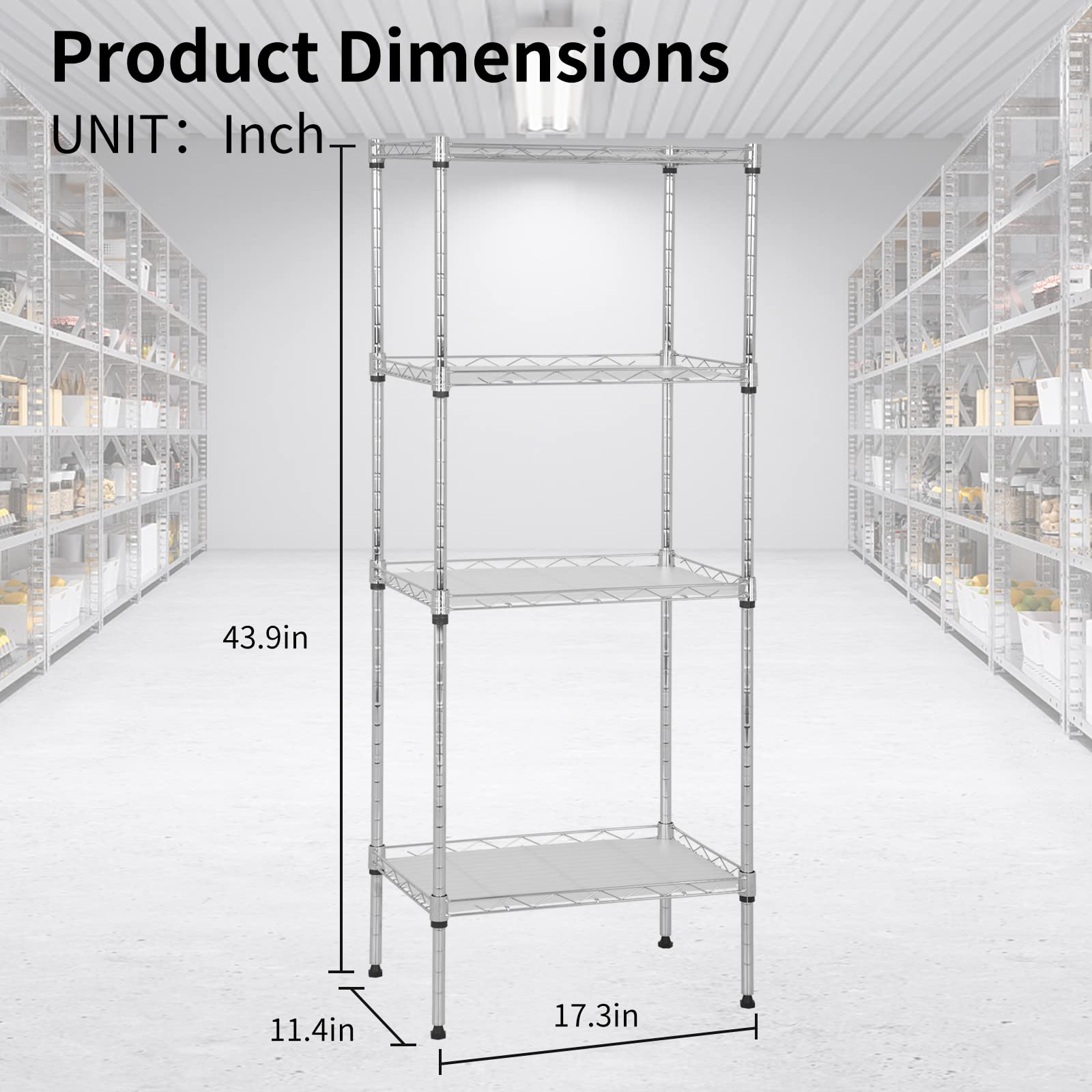 BLKMTY 4 Tier Wire Shelving Unit Kitchen Shelf Adjustable Storage Shelf Metal Microwave Rack NSF Shelf w/PP Sheets 11.4" D x 17.3" W x 43.9" H Steel Utility Shelves for Pantry Laundry, Silver