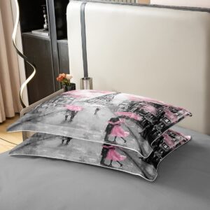 100% Cotton Paris Duvet Cover King,Pink and Grey Eiffel Tower Bedding Set for Teens Girls,Watercolor Cherry Blossoms Comforter Cover,Romantic Couple Retro Gray Building Bed Sets with 2 Pillowcases