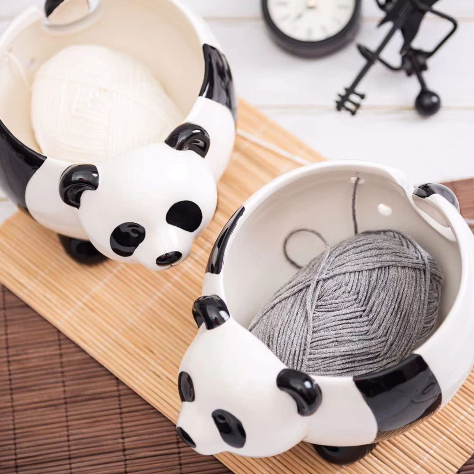 TITA-DONG Panda Ceramic Yarn Bowl Knitting Bowl, Knitting Yarn Ball Holder Handmade Craft Knitting Bowl, Yarn Storage Bowl with Holes, Knitting Yarn Ball Holder, Handmade Craft Knitting Bowl(Panada)