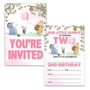 Dolimifa Winnie the Pooh 2nd Birthday Invitations Fill in Style Watercolors Winnie the Pooh Bear Pink Balloon Our Little Hunny Winnie Second Birthday Invites for 2 Year Old, 20 Count With Envelopes