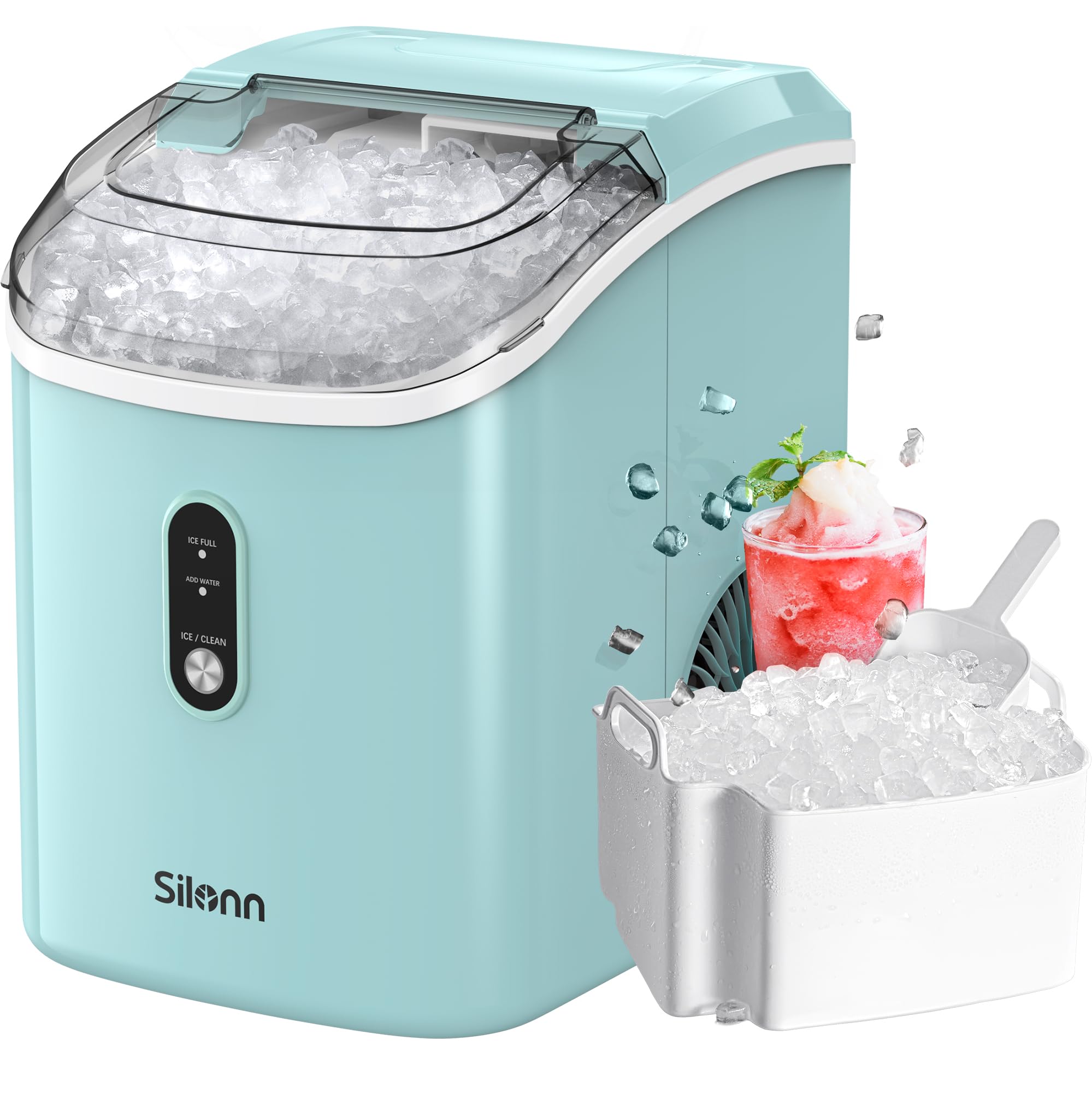 Nugget Ice Maker Countertop - Silonn Pebble Ice Maker Machine with Self-Cleaning Function, 33lbs/24H, Ice Makers for Home/Kitchen/Office, Green