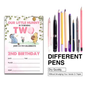 Dolimifa Winnie the Pooh 2nd Birthday Invitations Fill in Style Watercolors Winnie the Pooh Bear Pink Balloon Our Little Hunny Winnie Second Birthday Invites for 2 Year Old, 20 Count With Envelopes