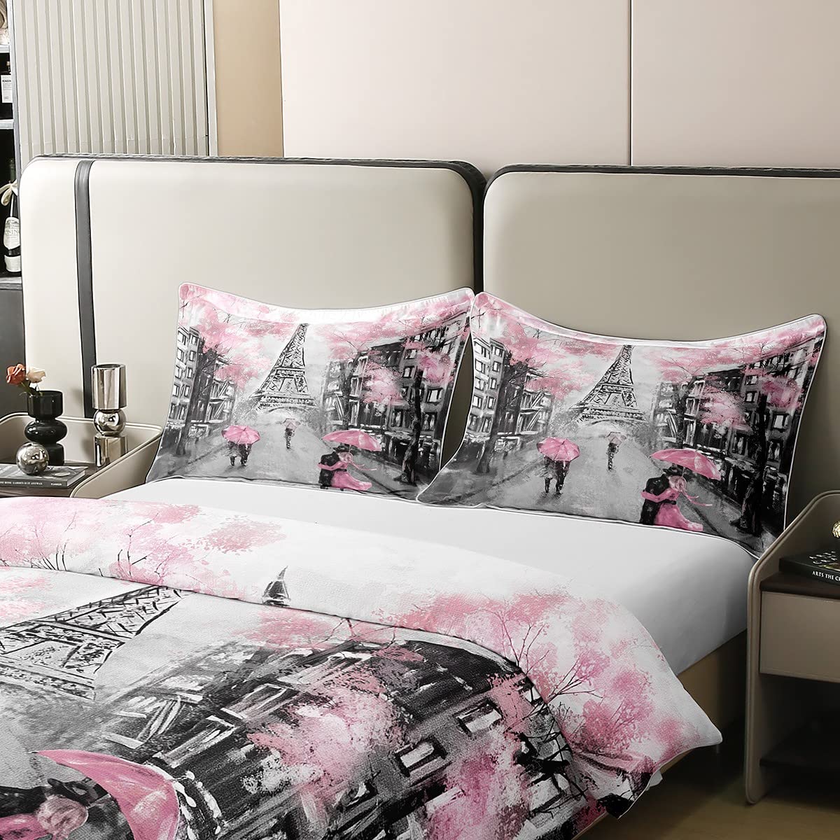 100% Cotton Paris Duvet Cover King,Pink and Grey Eiffel Tower Bedding Set for Teens Girls,Watercolor Cherry Blossoms Comforter Cover,Romantic Couple Retro Gray Building Bed Sets with 2 Pillowcases