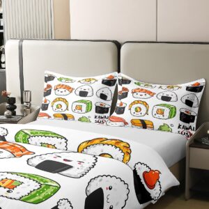 100% Natural Cotton Sushi Pattern Bedding Set Twin, Japanese Style Duvet Cover, Food Theme Comforter Cover Set For Kids Boys Girls Teens, Cute Cartoon Japanese Sushi Bedding Room Decorative