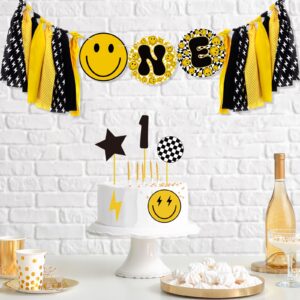 Therwen One Happy Dude High Chair Banner Lightning Smile Face First Birthday Banner One Happy Dude Birthday Decor Groovy Hippie Party Supplies for Kids 1st Birthday Baby Shower Photo Props