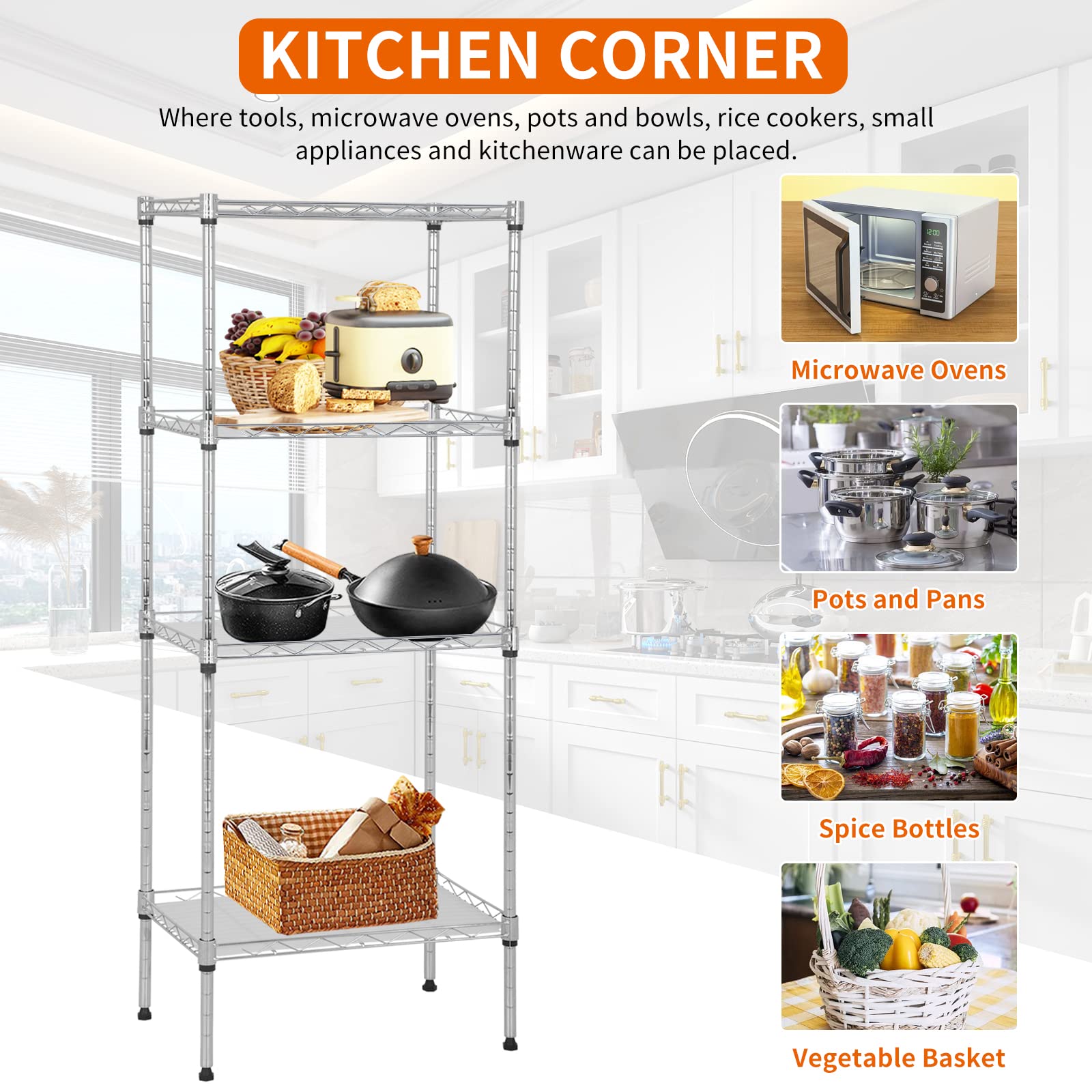 BLKMTY 4 Tier Wire Shelving Unit Kitchen Shelf Adjustable Storage Shelf Metal Microwave Rack NSF Shelf w/PP Sheets 11.4" D x 17.3" W x 43.9" H Steel Utility Shelves for Pantry Laundry, Silver