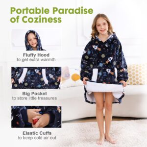 Uttermara Wearable Blanket Hoodie for Kids, Sherpa Oversized Blanket Hoodie with Sherpa Hood, Front Pocket and Sleeves, Cozy Soft Warm Wearable Blanket Sweatshirt, One Size Fits All, Blue Planet