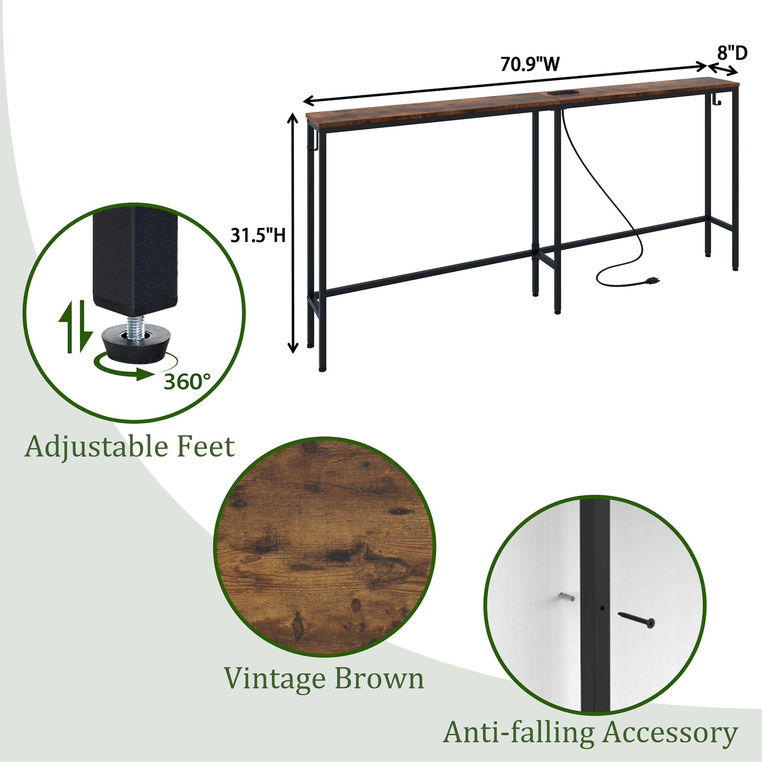 Leomonio 7.9” Narrow Console Table with Outlet, 70.9” Skinny Sofa Table Narrow Long Behind Couch, Industrial Narrow Table with Hooks for Hallway, Entryway and Living Room, Vintage Brown