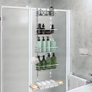 over the door shower caddy, 5-tier adjustable hanging shower organizer rustproof metal bathroom storage shelf shower basket with soap holder & suction cup for shampoo, conditioner, sliver