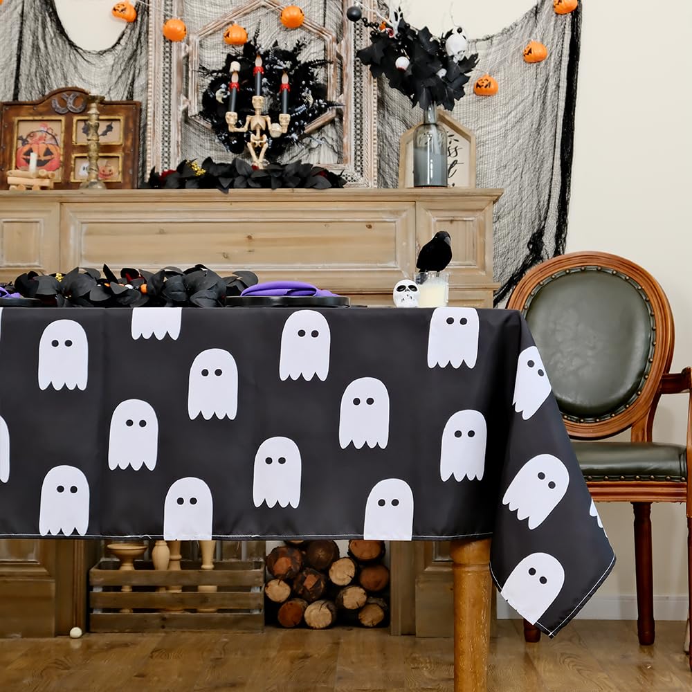 GEEORY Halloween Ghost Tablecloth, 60 x 84 Inch Rectangle Black and White Spooky Holiday Decorative Table Cover, Decoration for Kitchen Dinning Indoor Outdoor Dinner Party GTC030-84