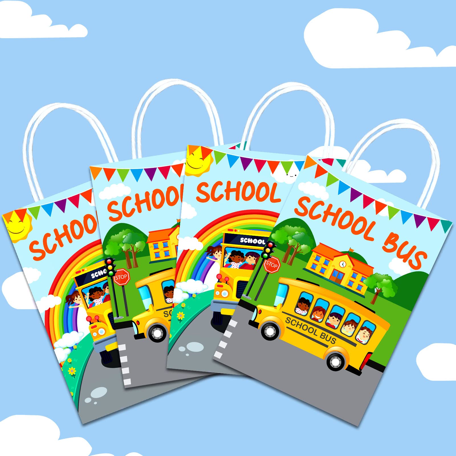 16 Pieces School Bus Goodie Bags for School Bus Birthday Party Supplies,School Bus Gift Snacks Treat Candy Party Favors Bags with Handles for Kids kindergarten School Bus Theme Party Decorations