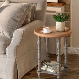 VONLUCE French Country End Table, 19'' Round Farmhouse Side Table, Distressed Wood Tray Top Rustic Accent Table for Living Room Bedroom, Small Space, Gray