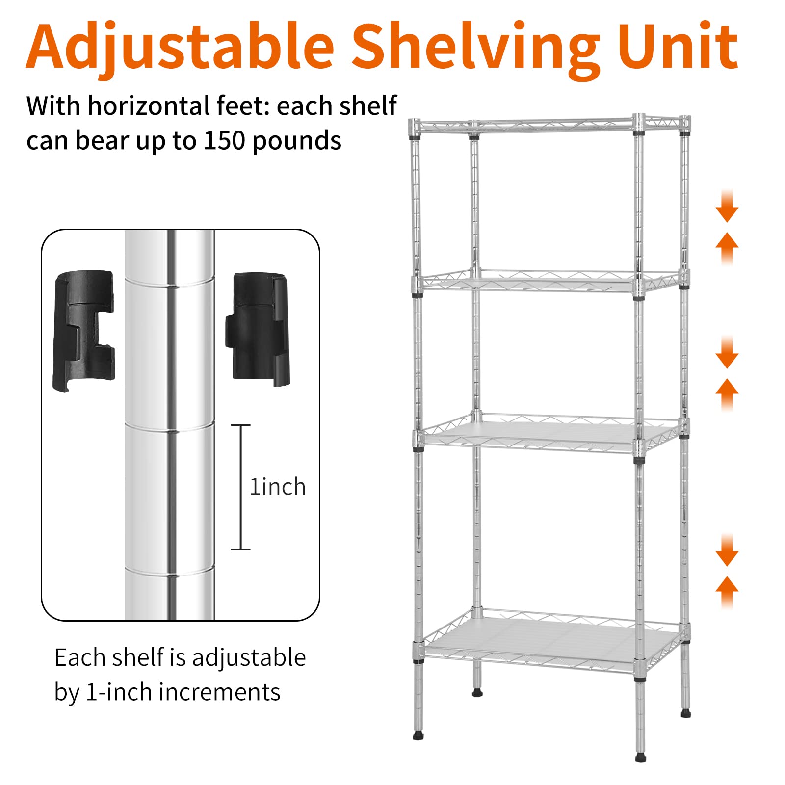 BLKMTY 4 Tier Wire Shelving Unit Kitchen Shelf Adjustable Storage Shelf Metal Microwave Rack NSF Shelf w/PP Sheets 11.4" D x 17.3" W x 43.9" H Steel Utility Shelves for Pantry Laundry, Silver