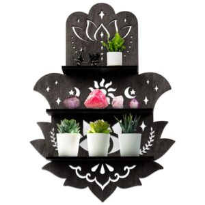 hamsa wall decor lotus crystal shelf display for evil eye decor large 17'' hamsa hand boho wooden hanging crystal holder shelf decor aesthetic zen meditation spiritual gift witch yoga decor (black)