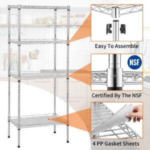 BLKMTY 4 Tier Wire Shelving Unit Kitchen Shelf Adjustable Storage Shelf Metal Microwave Rack NSF Shelf w/PP Sheets 11.4" D x 17.3" W x 43.9" H Steel Utility Shelves for Pantry Laundry, Silver