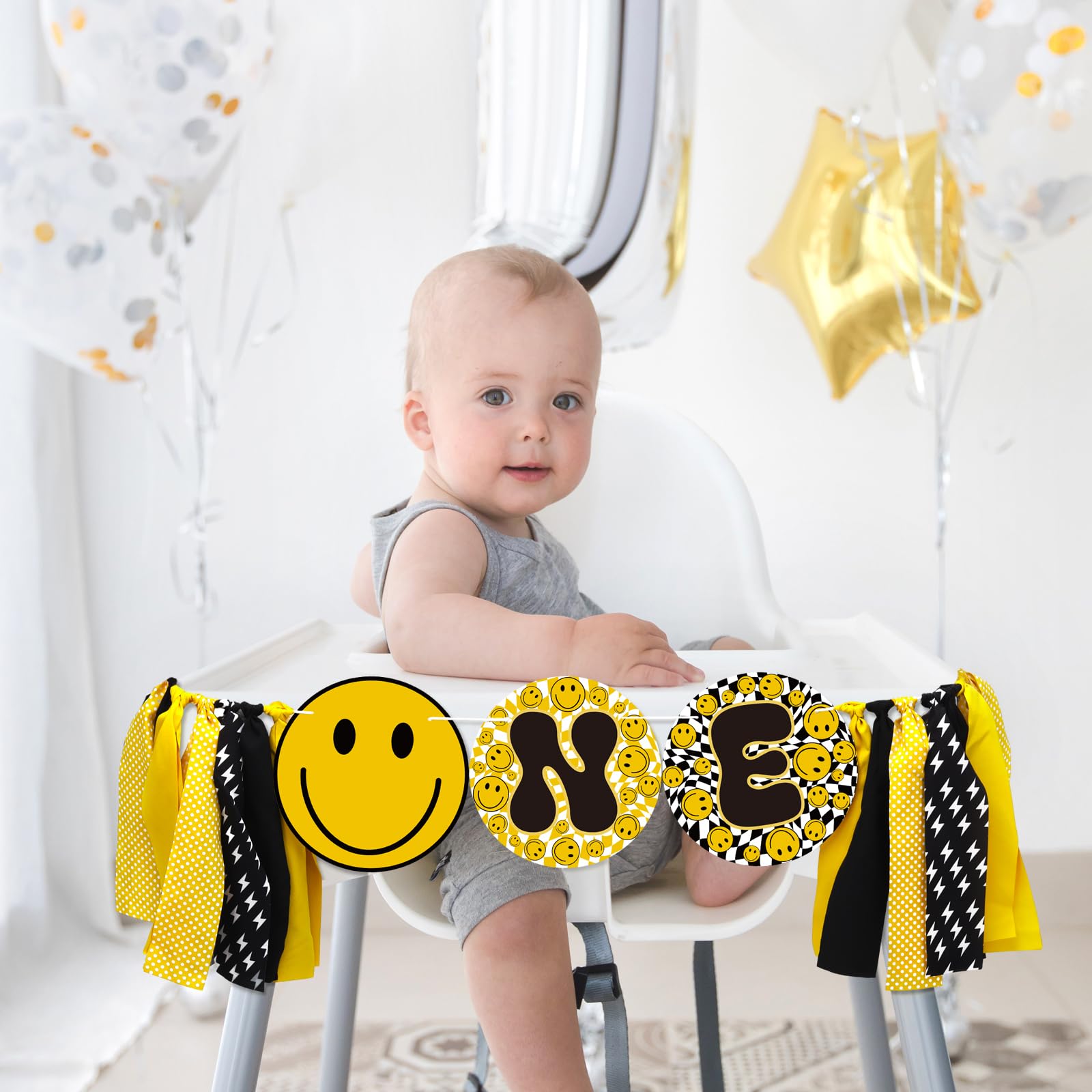 Therwen One Happy Dude High Chair Banner Lightning Smile Face First Birthday Banner One Happy Dude Birthday Decor Groovy Hippie Party Supplies for Kids 1st Birthday Baby Shower Photo Props