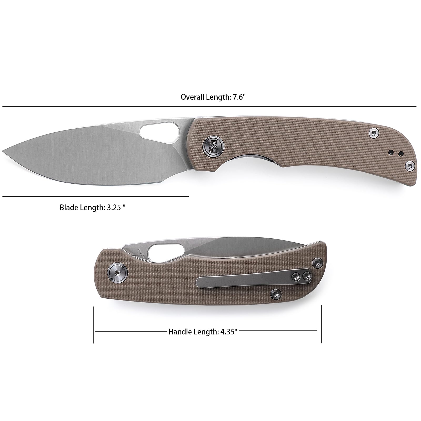 Miguron Knives M Moyarl Folding Knife,3.25" 14c28n Steel Satin Blade Tan G10 Handle With Titanium Pocket Clip, Camping Hiking Pocket Knife MGR-806TN