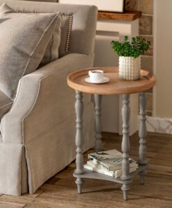 vonluce french country end table, 19'' round farmhouse side table, distressed wood tray top rustic accent table for living room bedroom, small space, gray