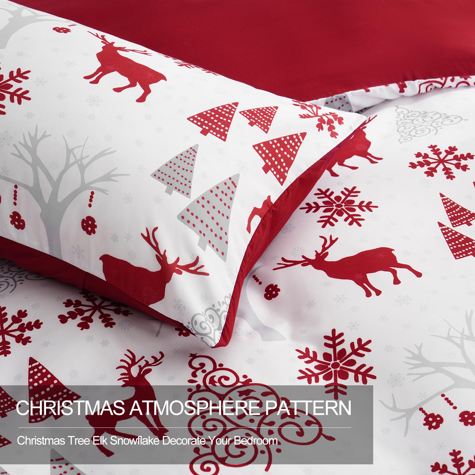 WONGS BEDDING Christmas Duvet Cover Queen, Merry Christmas Elk Snowflake Tree Red Bedding Duvet Covers with Zipper Closure for All Seasons, Red Soft Microfiber Bedding Set Queen 90"×90"