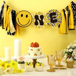 Therwen One Happy Dude High Chair Banner Lightning Smile Face First Birthday Banner One Happy Dude Birthday Decor Groovy Hippie Party Supplies for Kids 1st Birthday Baby Shower Photo Props