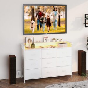 EXOTICA White Dresser with LED Light for Bedroom 9 Drawer Dressers with Charging Station Chests of Drawers for Entryway Closet Living Room Hallway Sturdy Steel Frame Wooden Top Easy Pull Handle