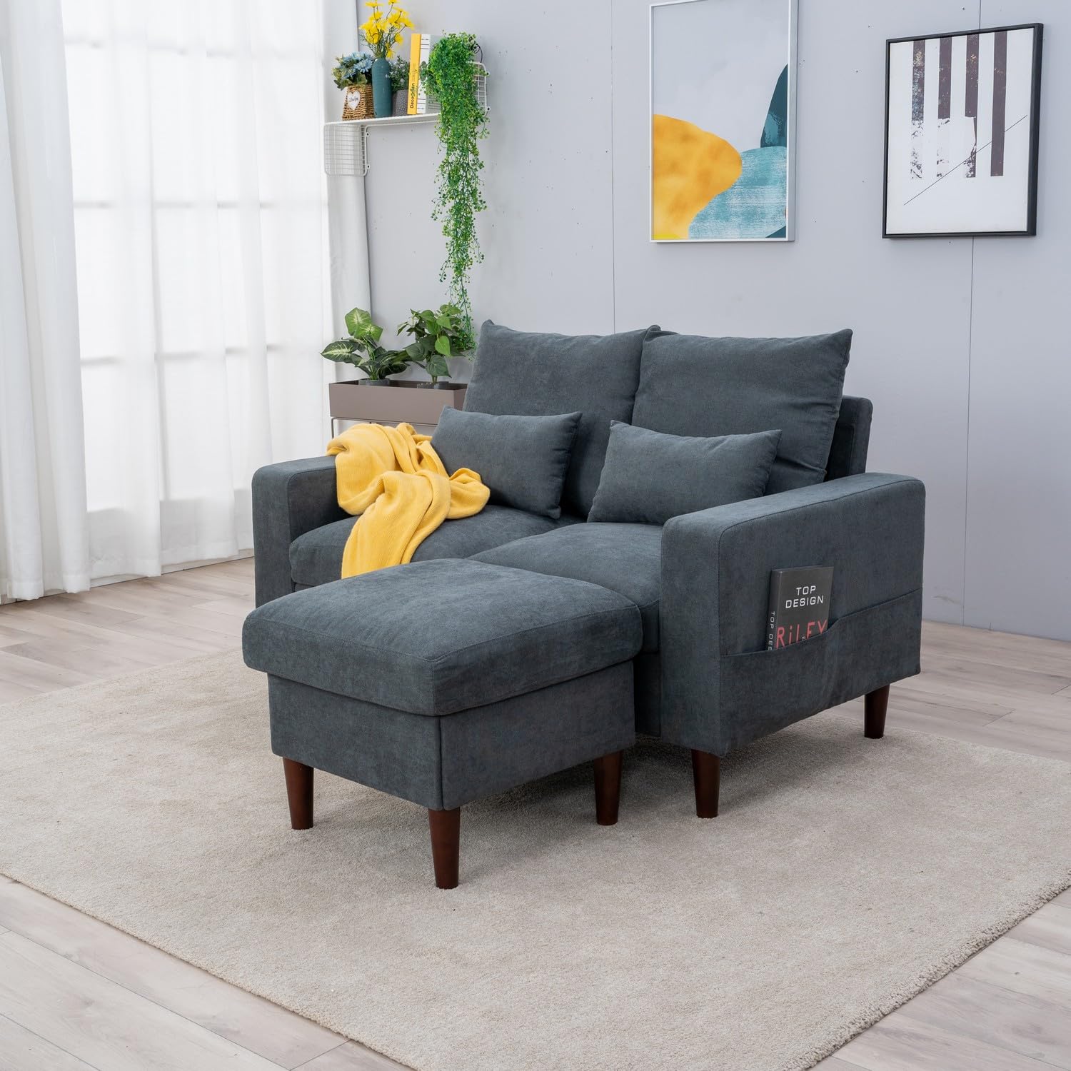 Panana Loveseat 2 Seat Sofa Couch with Ottoman Footstool, Small Corner L Shaped Sofa for Living Room Office,Tool-Free Assembly in Gray