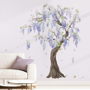 wondever purple flower tree wall stickers large tree hanging wisteria floral peel and stick wall art decals for bedroom living room sofa tv background