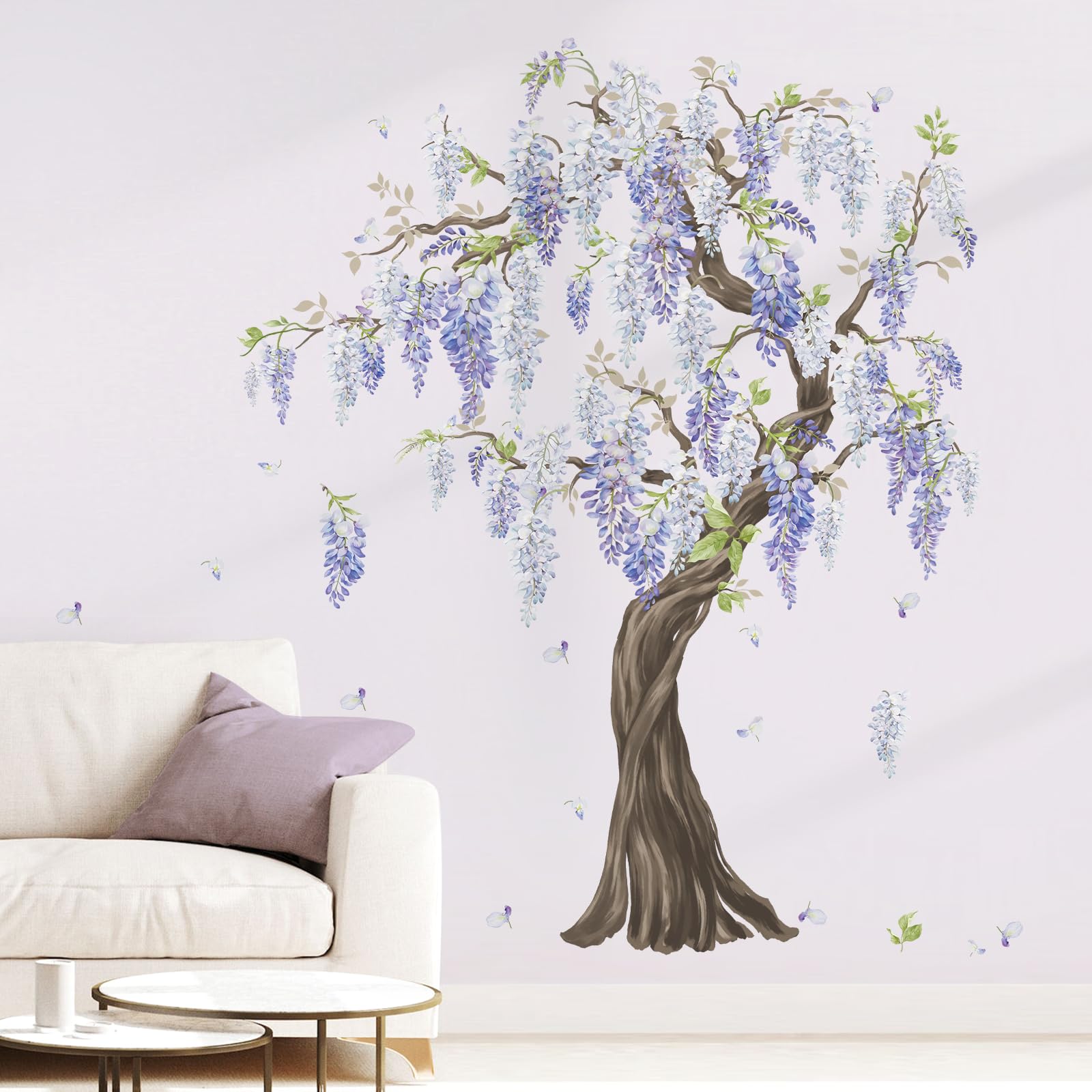 wondever Purple Flower Tree Wall Stickers Large Tree Hanging Wisteria Floral Peel and Stick Wall Art Decals for Bedroom Living Room Sofa TV Background