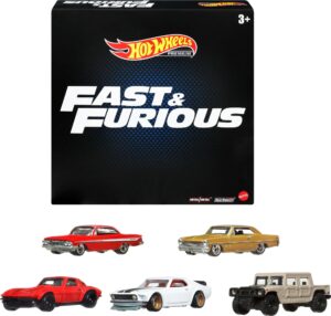 hot wheels cars, premium fast & furious 1:64 scale 5-pack die-cast toy cars for collectors, hkf07