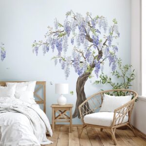 wondever Purple Flower Tree Wall Stickers Large Tree Hanging Wisteria Floral Peel and Stick Wall Art Decals for Bedroom Living Room Sofa TV Background