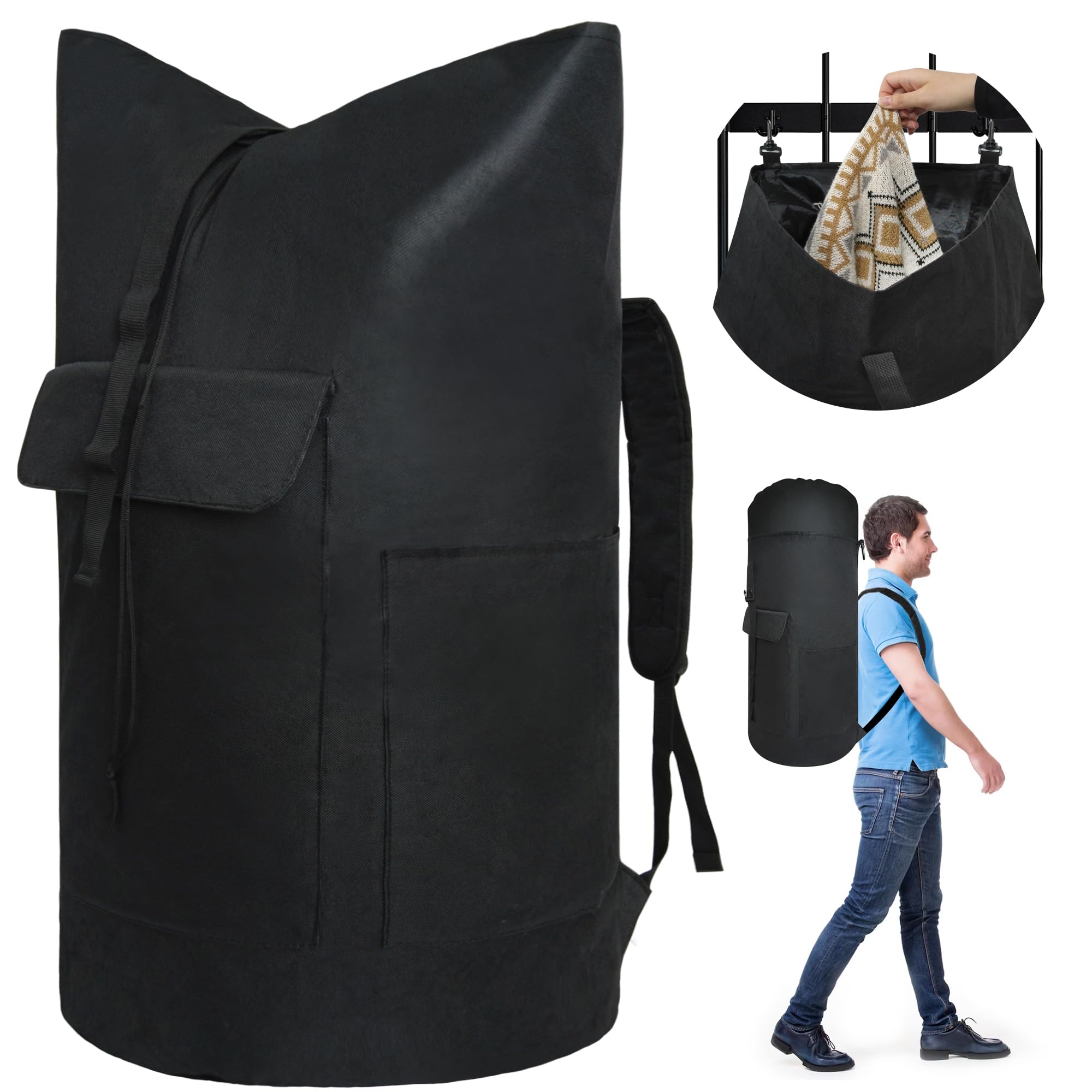 Twira 125L Backpack Laundry Bag, Large Laundry Bag with Adjustable Padded Strap, Travel Laundry Bag with 4 Pockets, Laundry Backpack with Drawstring Closure for College, Apartment (Black)