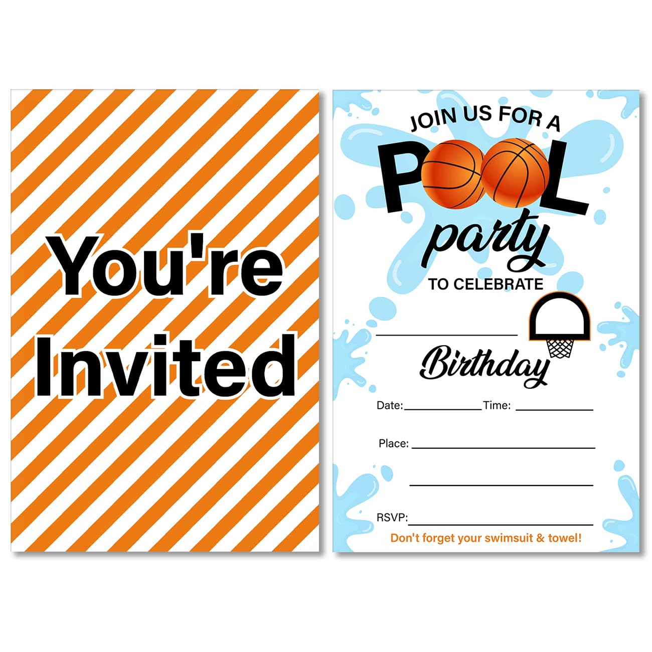 Basketball Pool Party Invitations with Envelopes Set of 20 Summer Sport Basketball Pool Theme Birthday Party Invites Fill in Blank