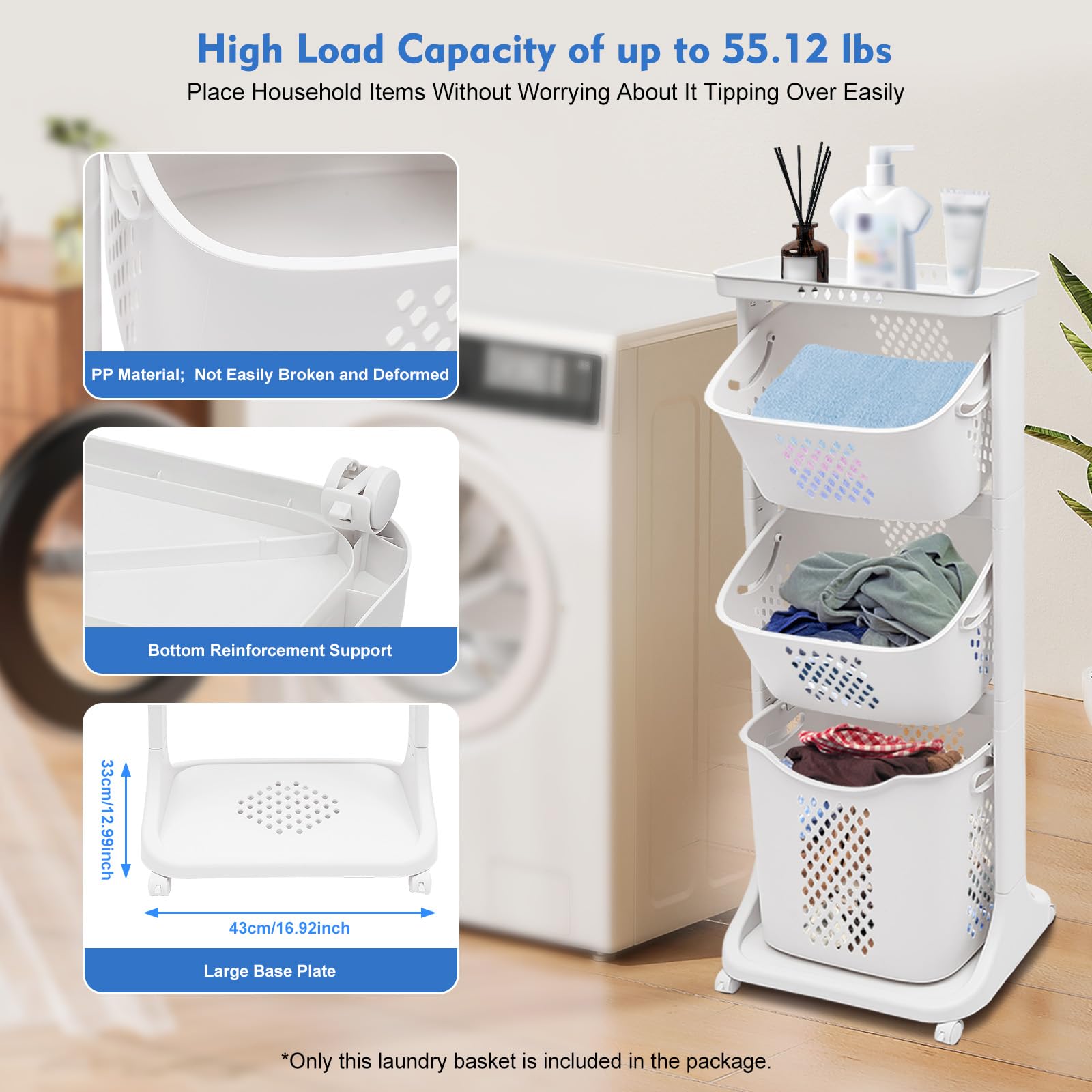 LINISHOP 3-Tier Laundry Basket Free Standing Dirty Clothes Storage Basket Organizer Shelf Household Kitchens Bathrooms 360° Rolling With Four Universal Wheels PP White New