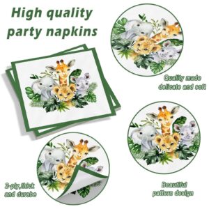 Yuzioey 50 Pcs Safari Baby Shower Napkins, Jungle Animals Baby Shower Disposable Paper Napkins, Safari Theme Baby Shower Supplies Party Napkins, Safari Baby Shower Decorations 6.5" x 6.5"