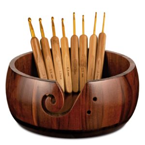 wooden yarn bowl holder, craft knitting bowl with 8pcs metal crochet hooks, 7.9''large yarn holder dispenser yarn storage bowls, for knitters & crocheters (brown 7.9 inch)